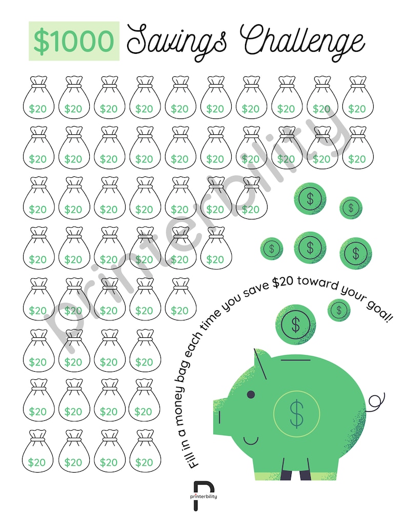 Printable 1000 Dollar Savings Challenge - Etsy