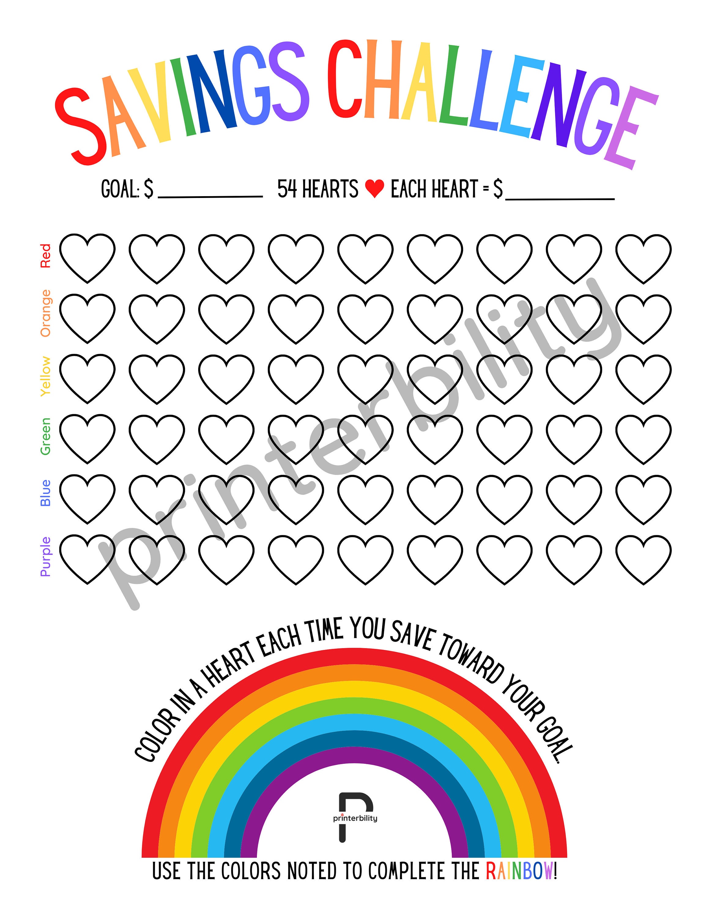 Rainbow Savings Challenge Printable - Instant Download! - Etsy