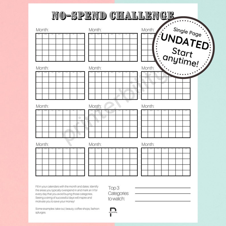 No Spend Challenge Undated Printable 12 Month Calendar - Etsy