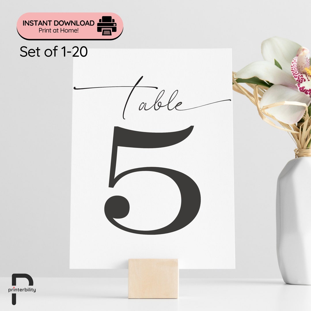 Classic Printable Table Numbers for Weddings & Parties - Set of 20 - 5 ...