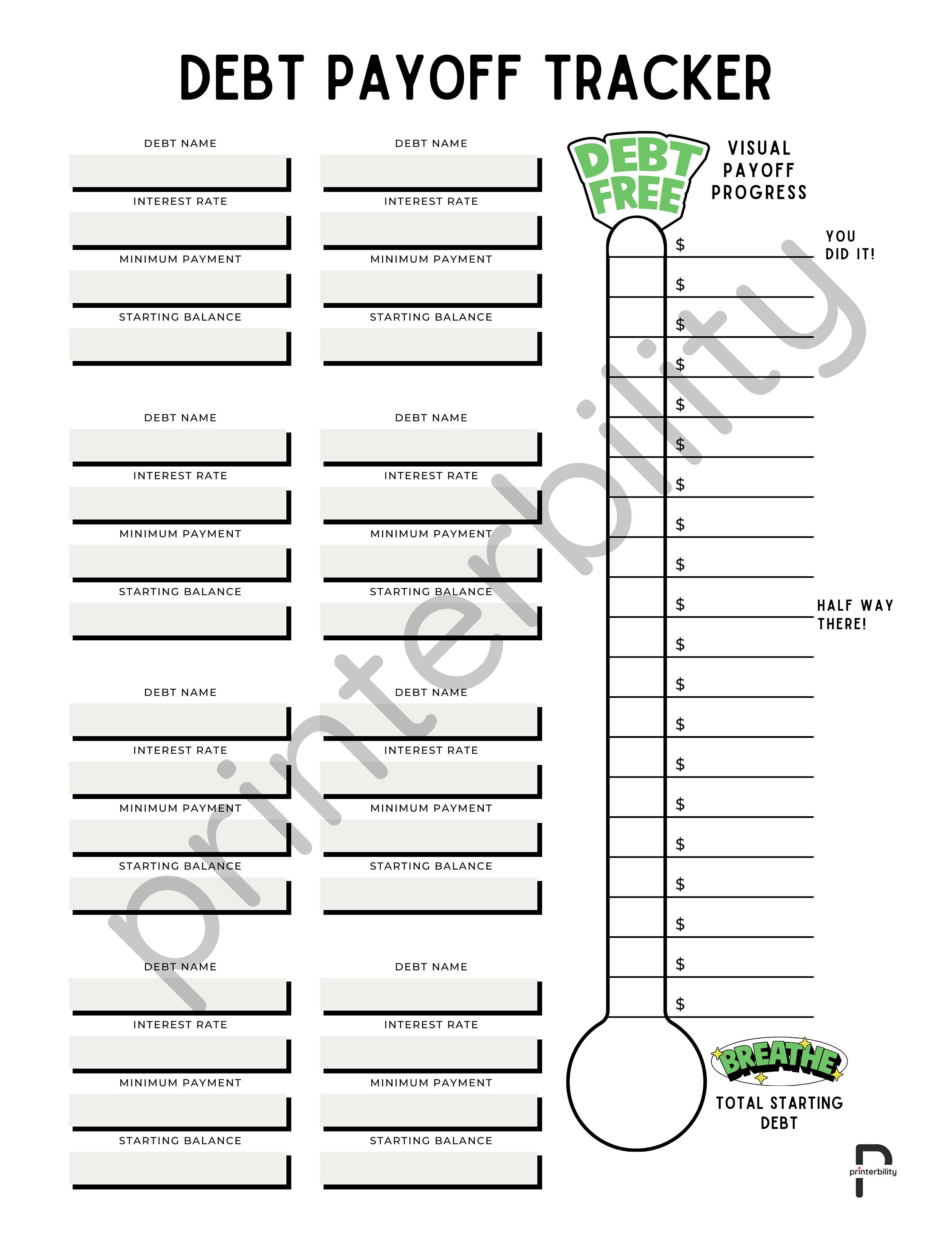 Printable Debt Pay off Tracker - Visual Motivation! Instant Download - Etsy