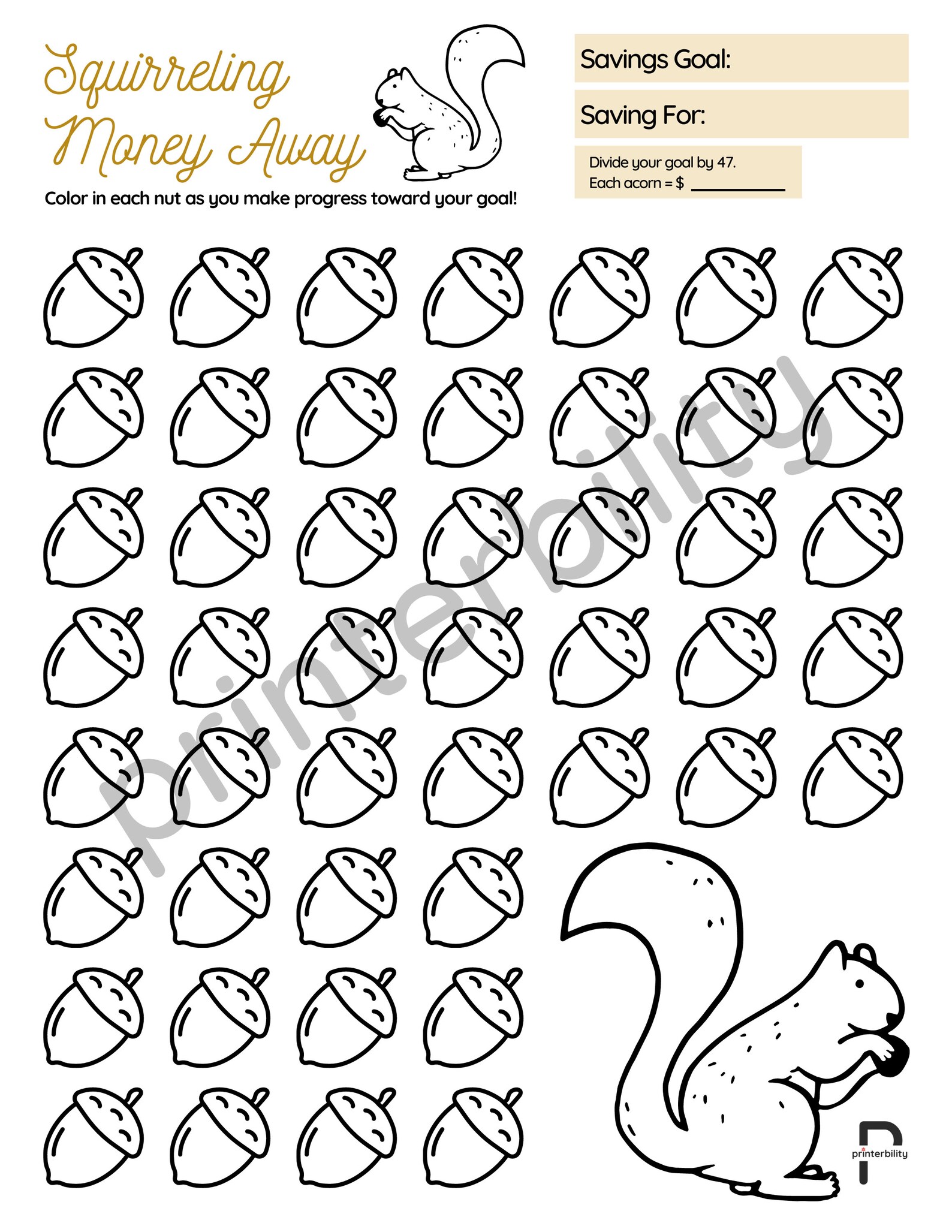 Printable Squirrel Savings Tracker Track Any Amount - Etsy