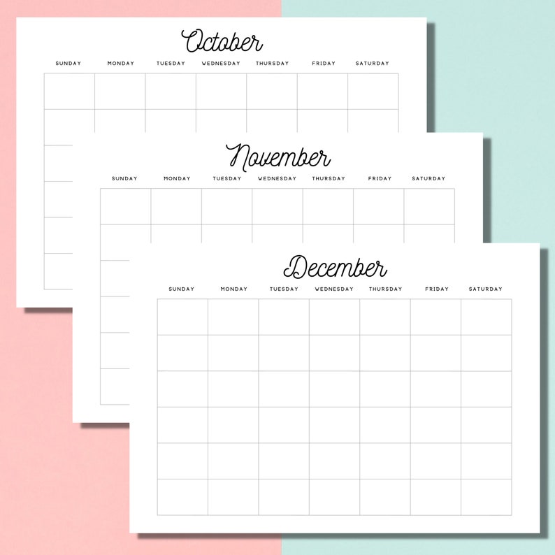 12 Month Printable Blank Calendars - Pretty Font - Etsy