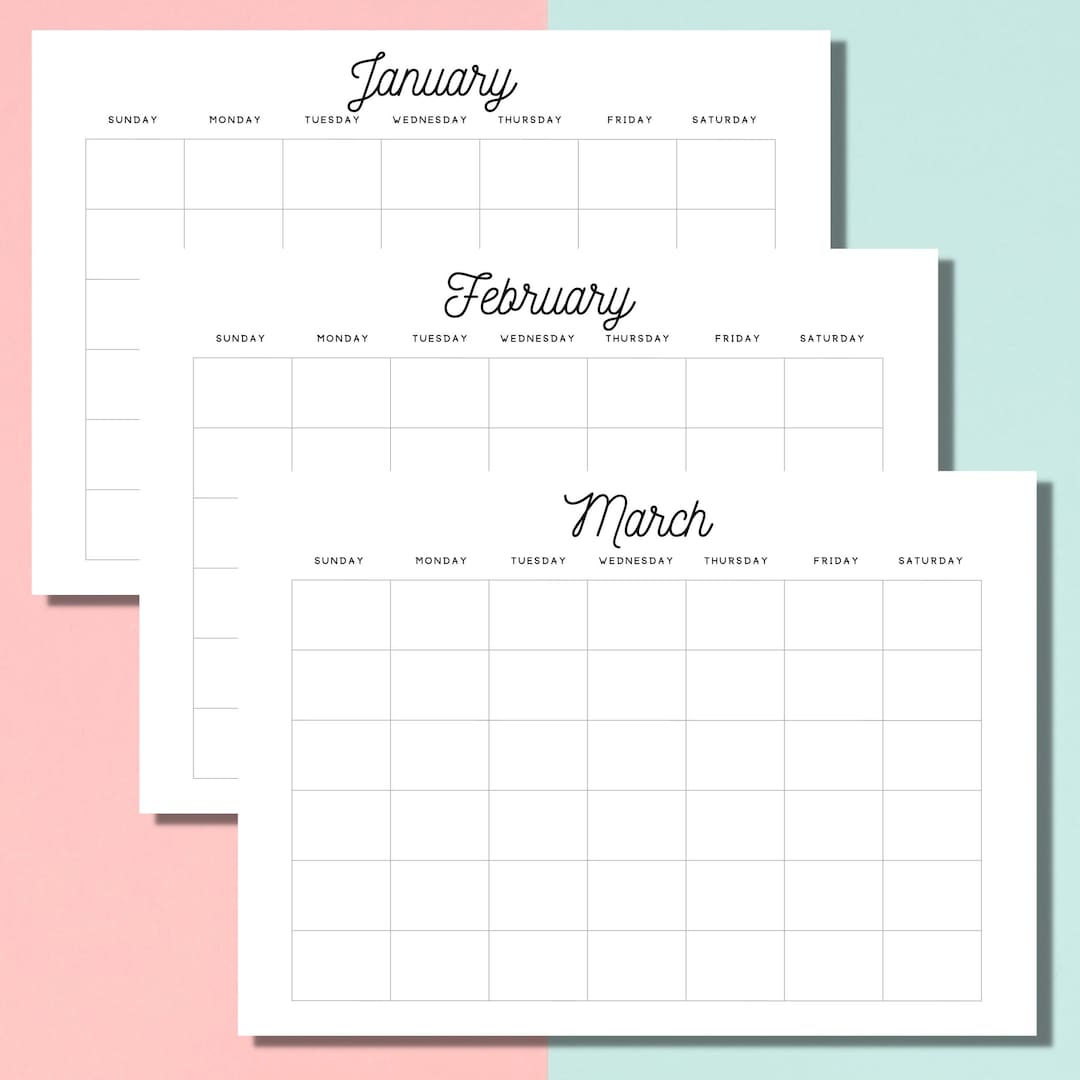 12 Month Printable Blank Calendars - Pretty Font - Etsy