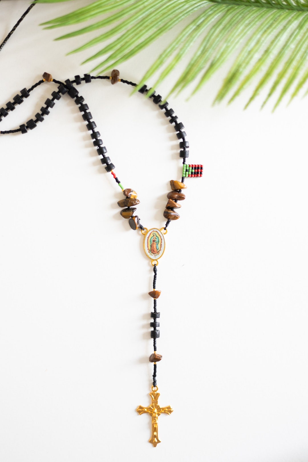Beach Style Afro Boricua Puerto Rican Flag Rosary Necklace, Afro ...