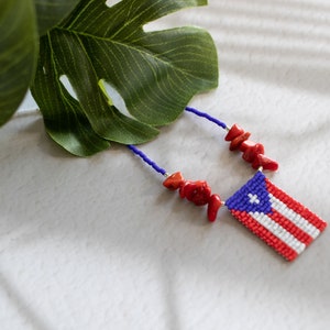 Hand Sewn Puerto Rican Flag Necklace: Seed Bead & Coral Chips - Etsy