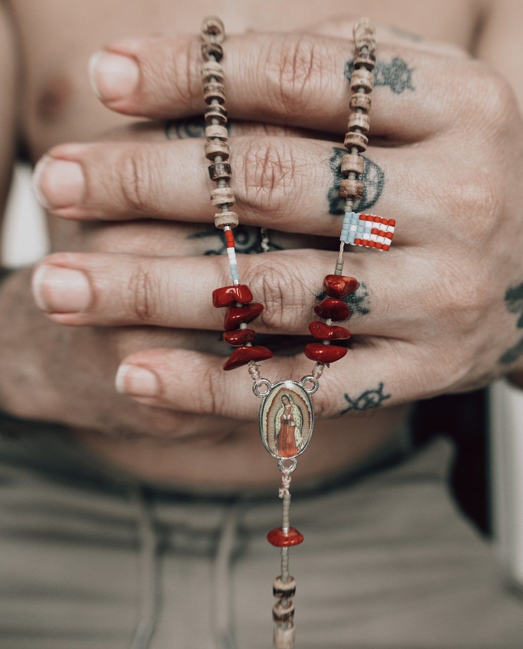 Puerto Rican Flag Rosary Necklace: Coconut Beads, Coral Chips, Miyuki ...