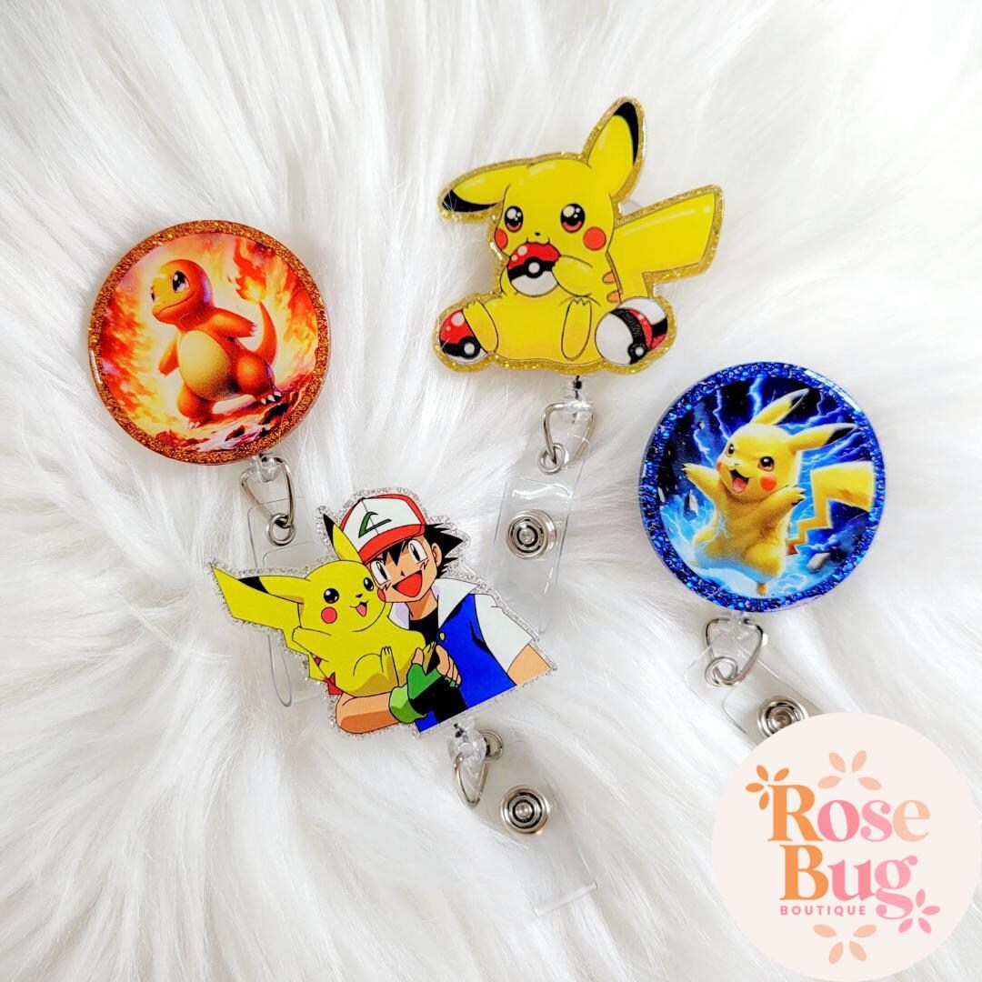 Pokemon Glitter Badge Reel, Pikachu Badge Reel, Charmander Badge Reel ...