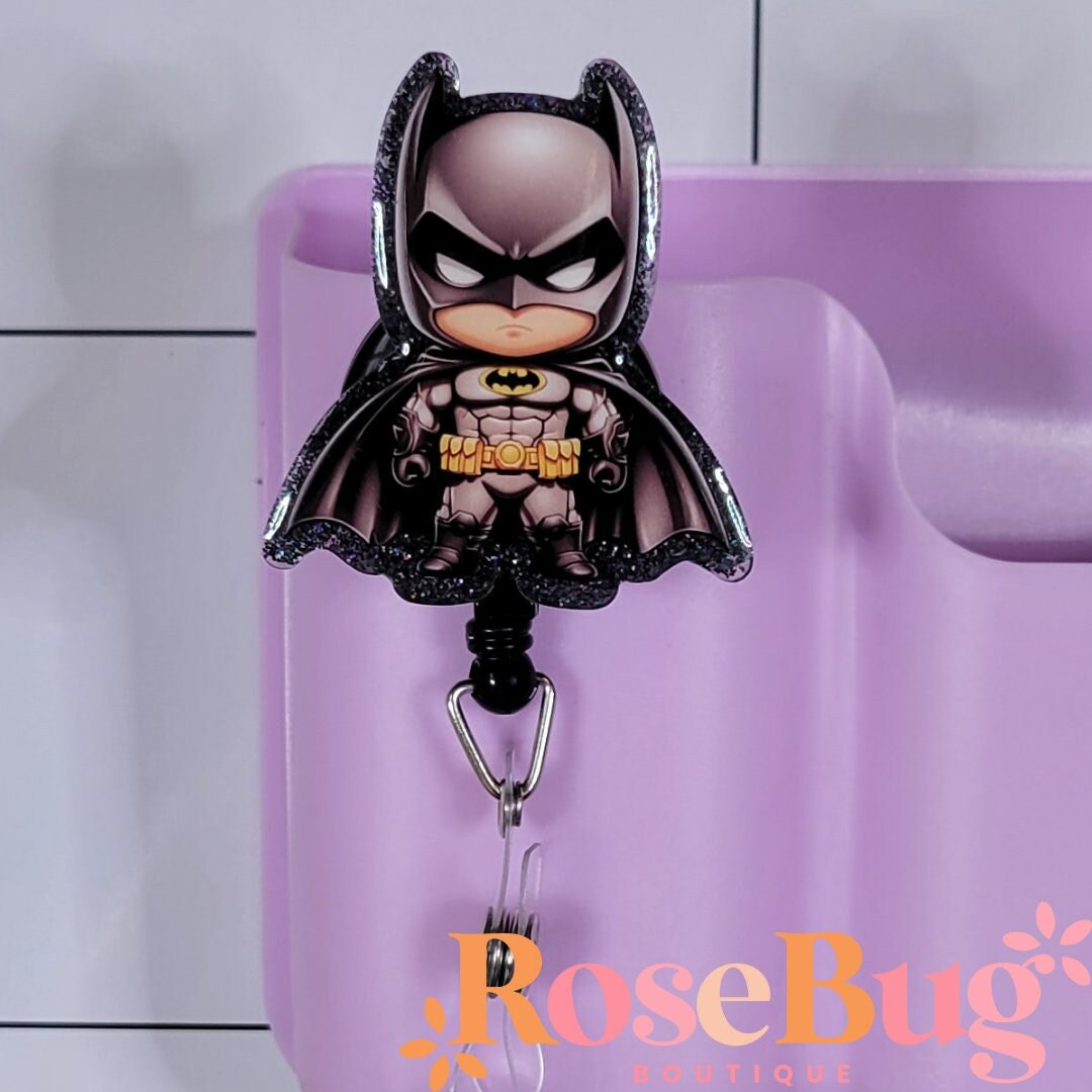 Super Dude Bat Hero Glitter Badge Reel Black Sparkle Work Badge Comics ...