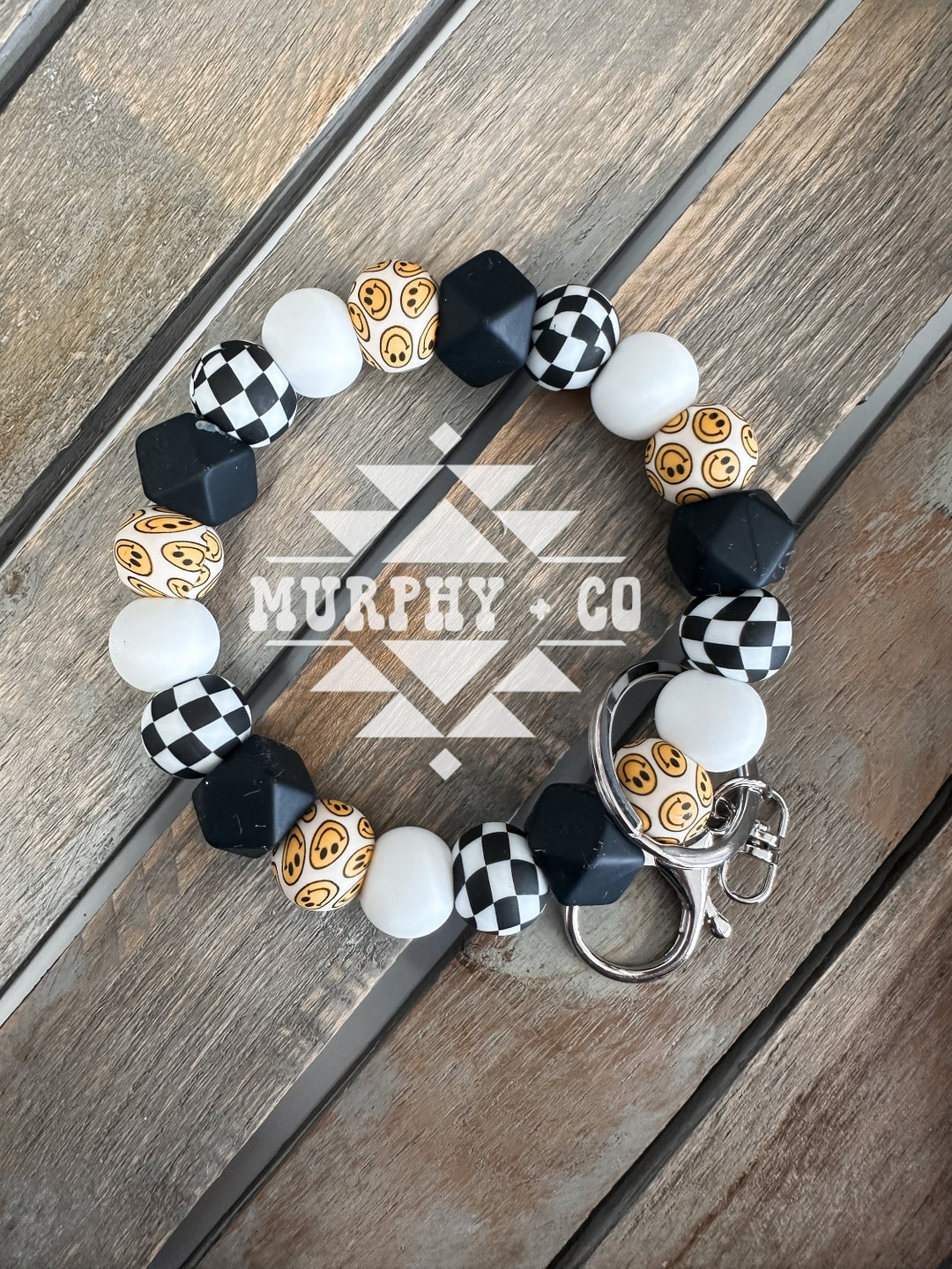 Black Checker and Smiley Silicone Keychain, Checker Print Keychain ...