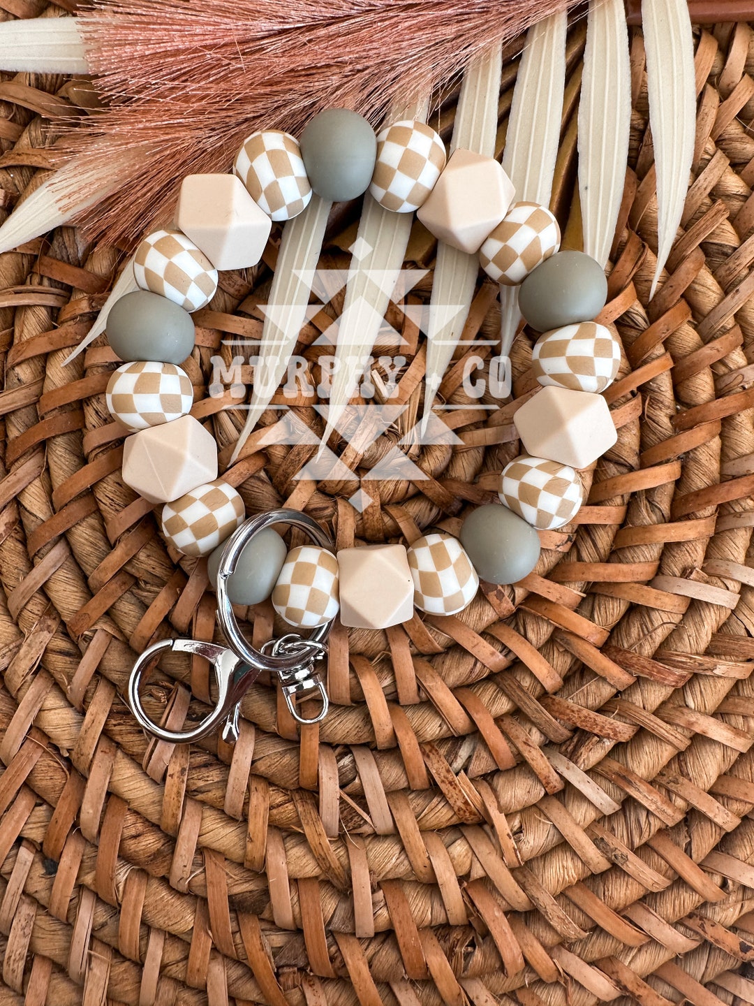 Tan Checker and Sage Silicone Keychain, Checker Print Keychain ...