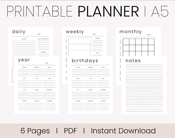 Printable Planner A5 Instant Download PDF Daily Planner | Etsy