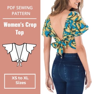 Tie Back Top Sewing Pattern Instant Download Open Back Womens Crop Top Sizes XS to XL Include ...