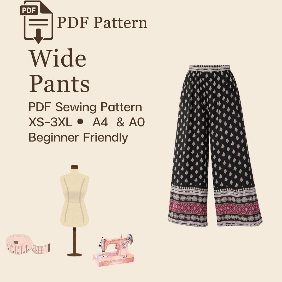 Wide Leg Pants Sewing Pattern: High-waist Trousers, Sizes XS-3XL (A0 A4 ...