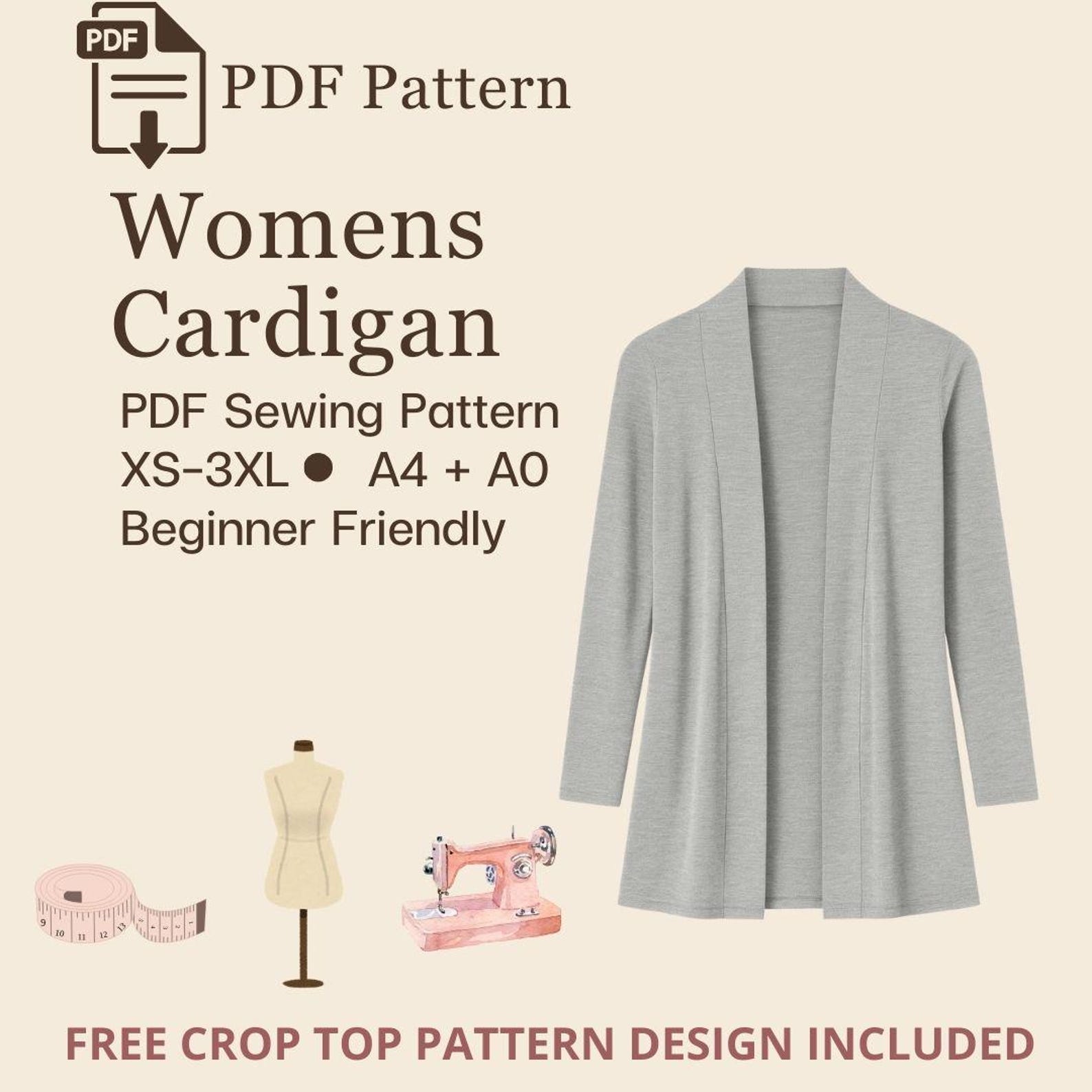 Cardigan Sewing Pattern PDF: Beginner-friendly, Sizes XS-3XL (A4/A0 ...