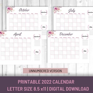 Wall Calendar 2022 Printable | Vintage Floral Design - Etsy