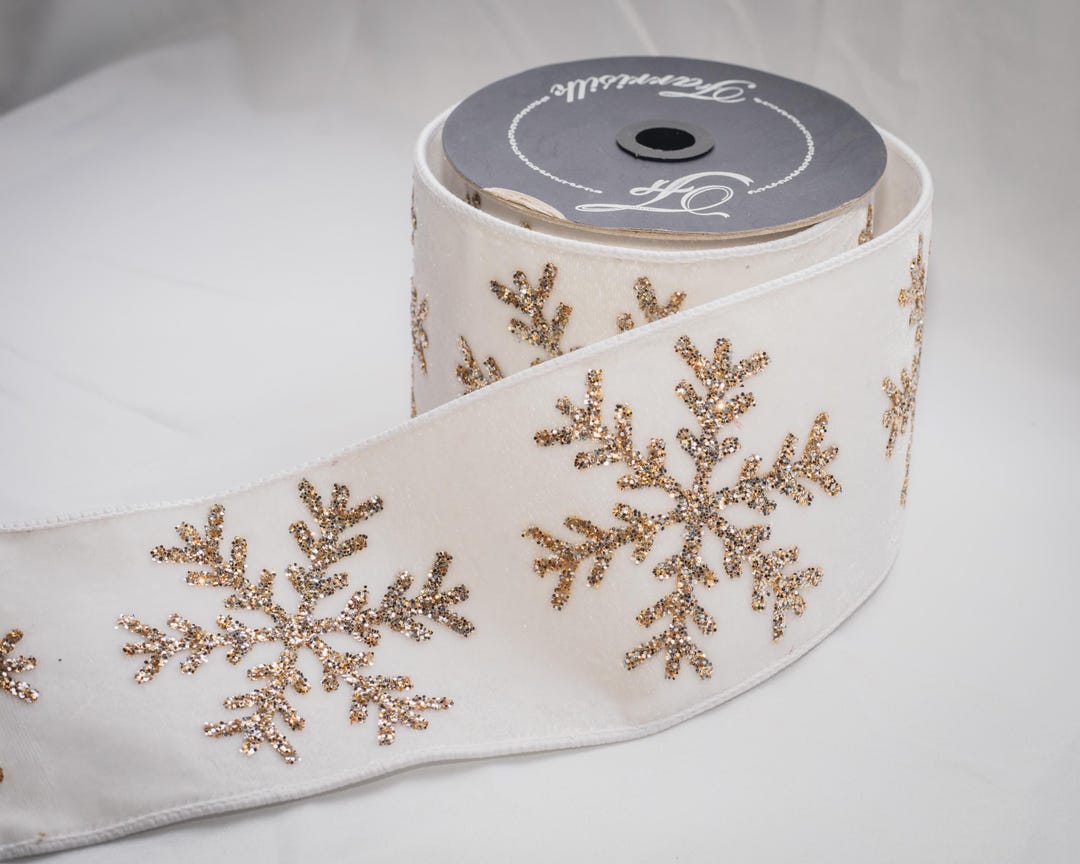 Glitter Snowflake Ribbon, Velvet Christmas Ribbon, Gold and White ...
