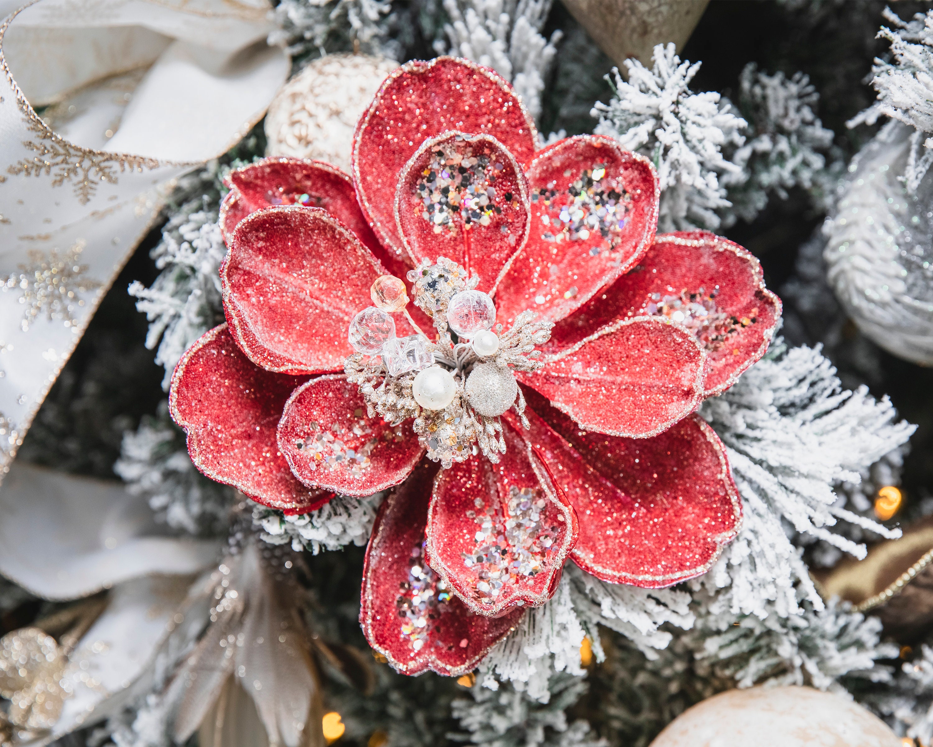 Designer Red Magnolia Pick, Glittered Magnolia Flower, Magnolia ...