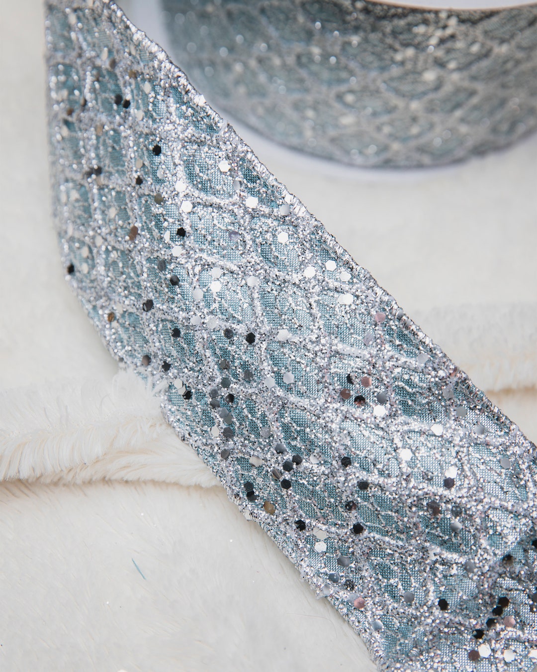Ice Blue Christmas Ribbon, Silver Sequin Glitter Ribbon, Designer ...