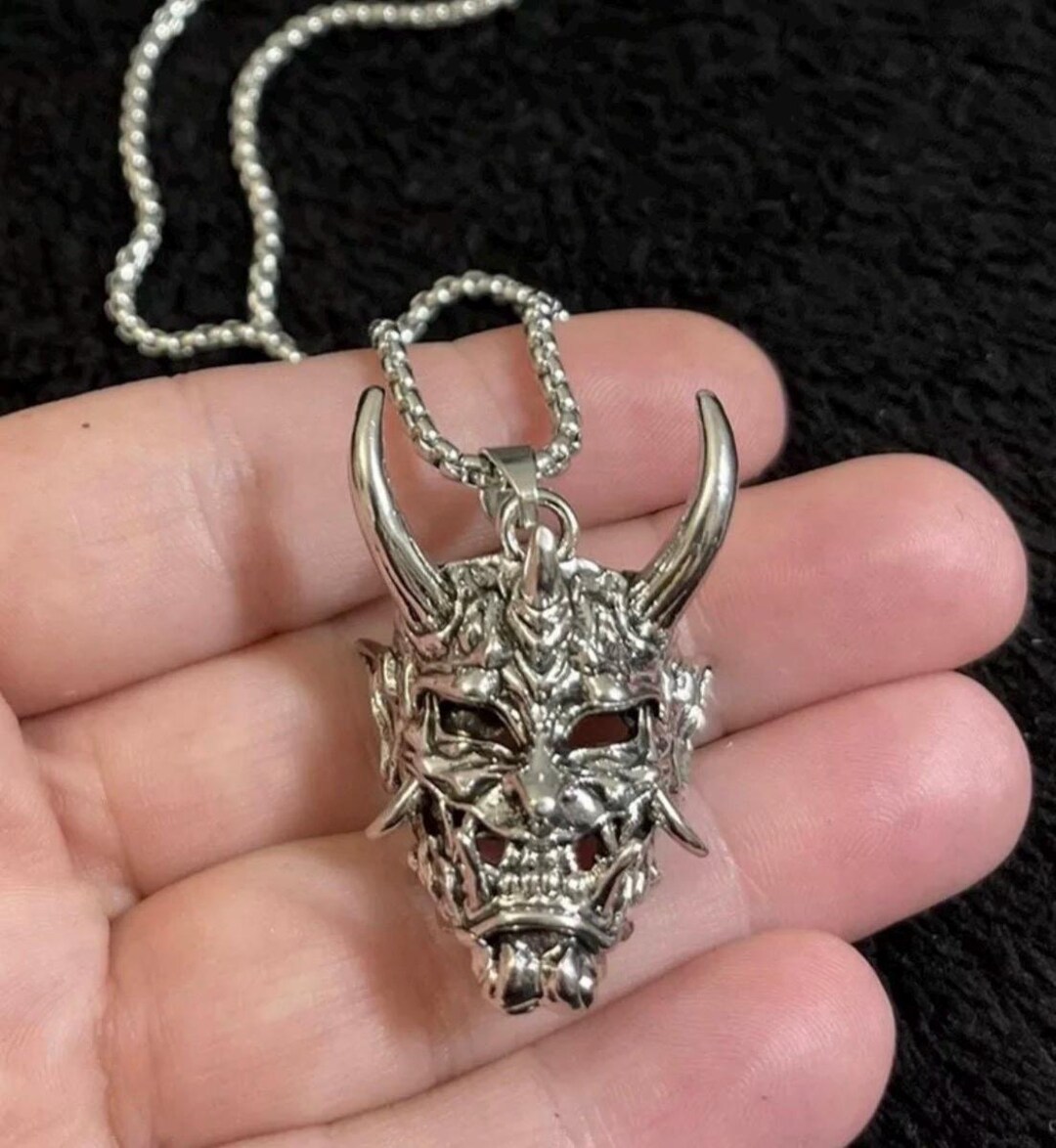Japanese Devil Pendant Necklace on 18inch Chain Stainless Steel Satan ...