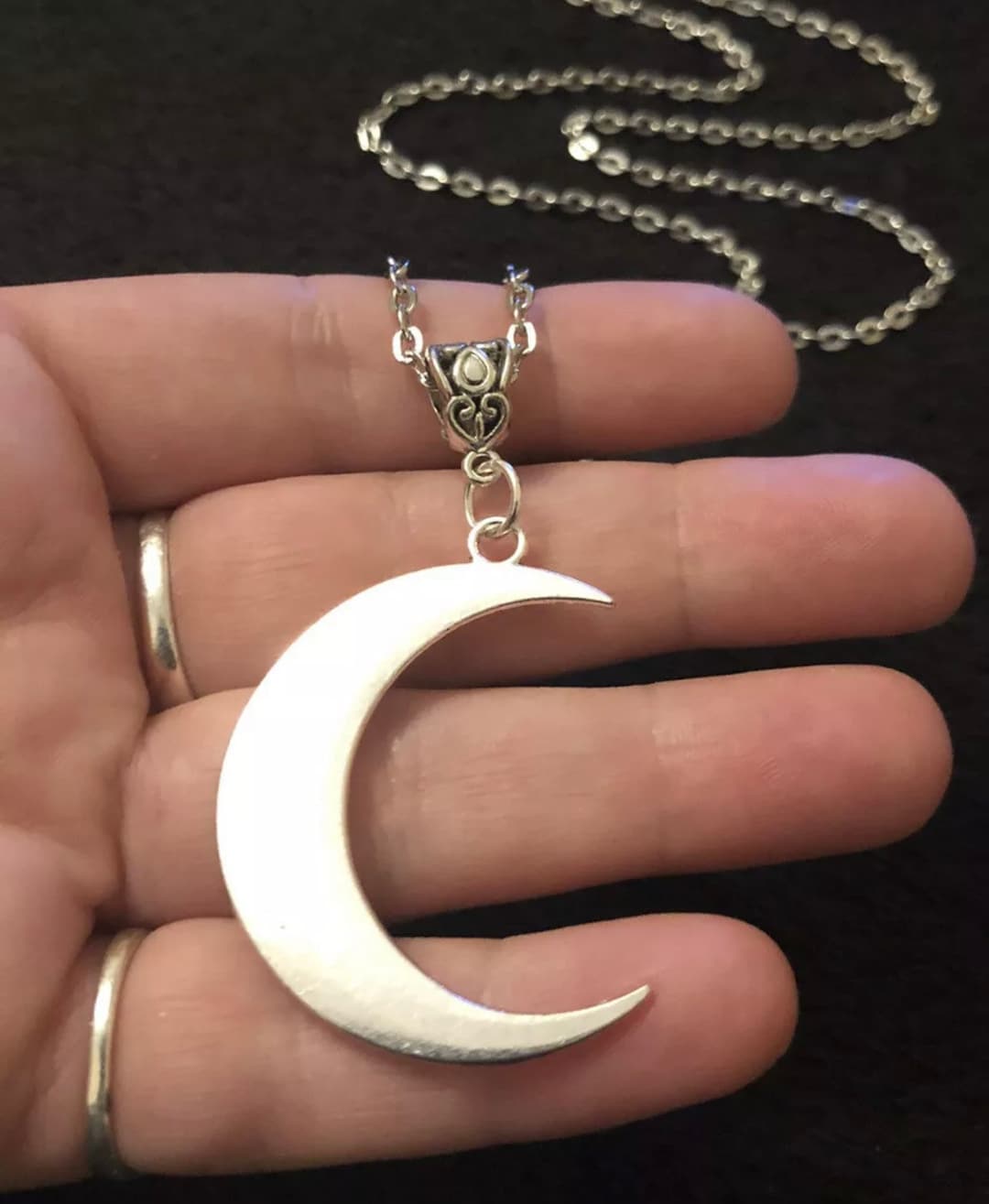 Extra Large Crescent Moon Horn Necklace Long 30inch Long Chain Silver ...