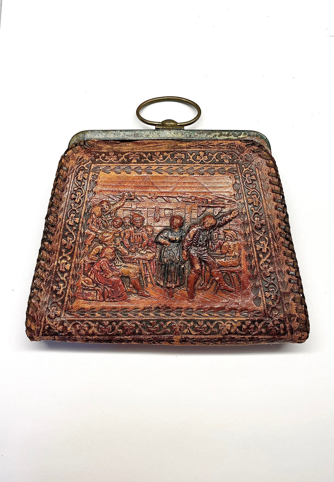 Antique Purse Bas Relief in Leather Incredible Bourbon Brown Red Ochre ...