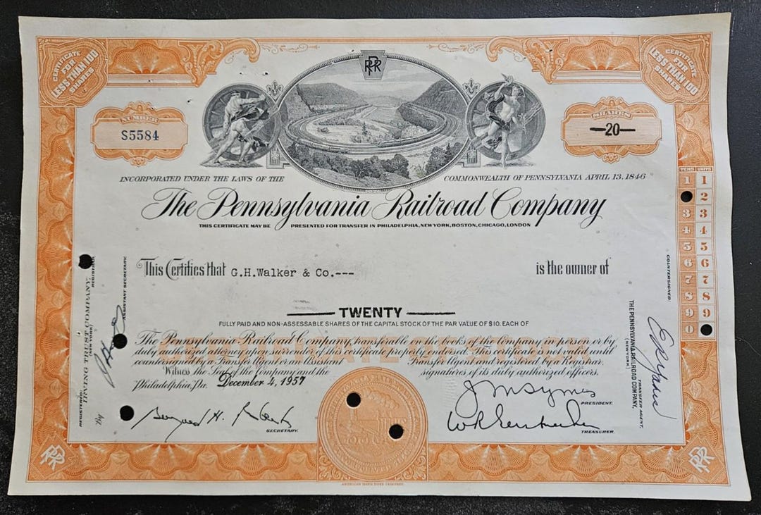Original Pennsylvania Railroad Company Stock Certificate - Etsy