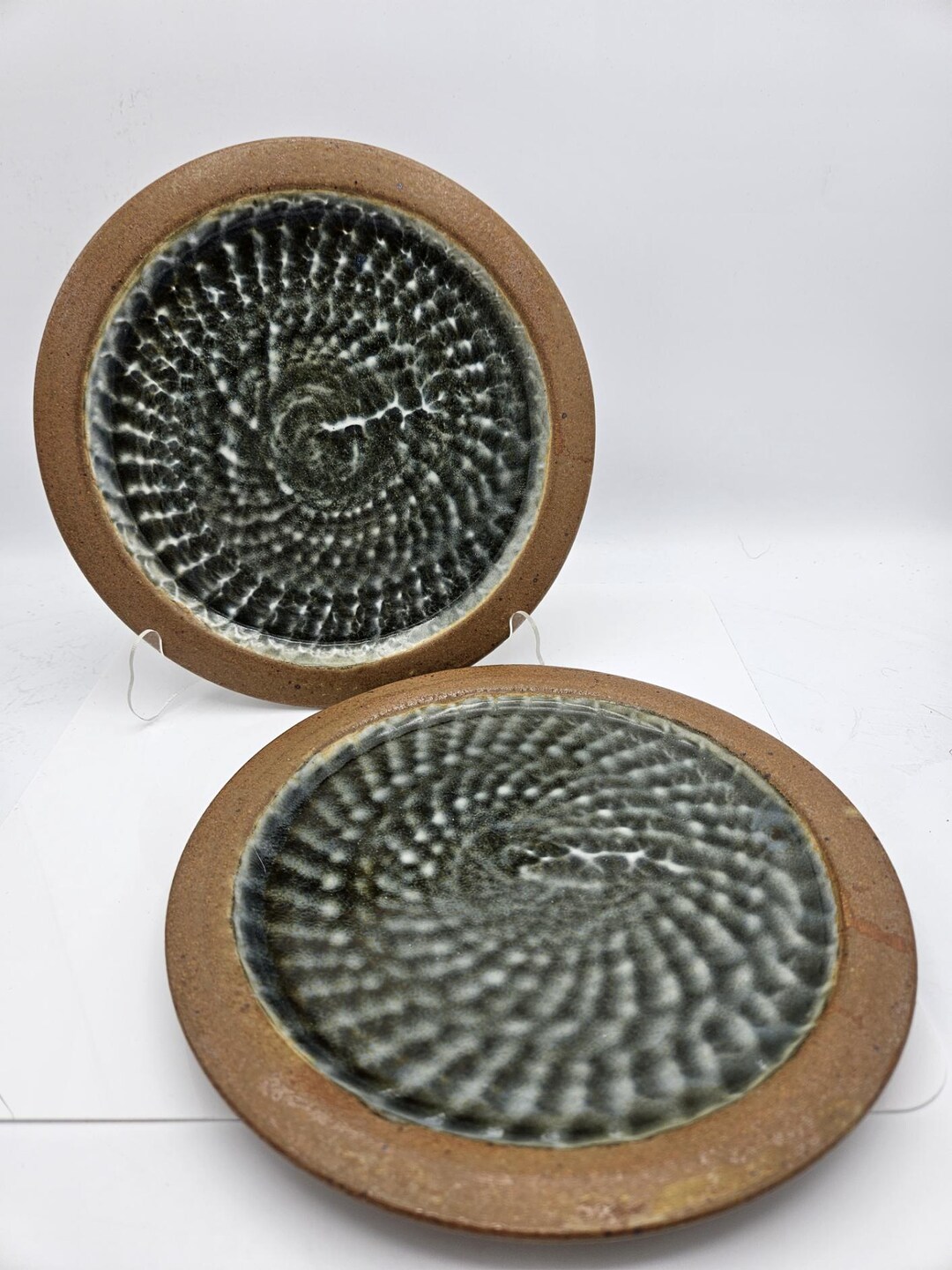 Set of Two Studio Pottery Plates | Signed 2003 | Blue Gray Spiral With ...