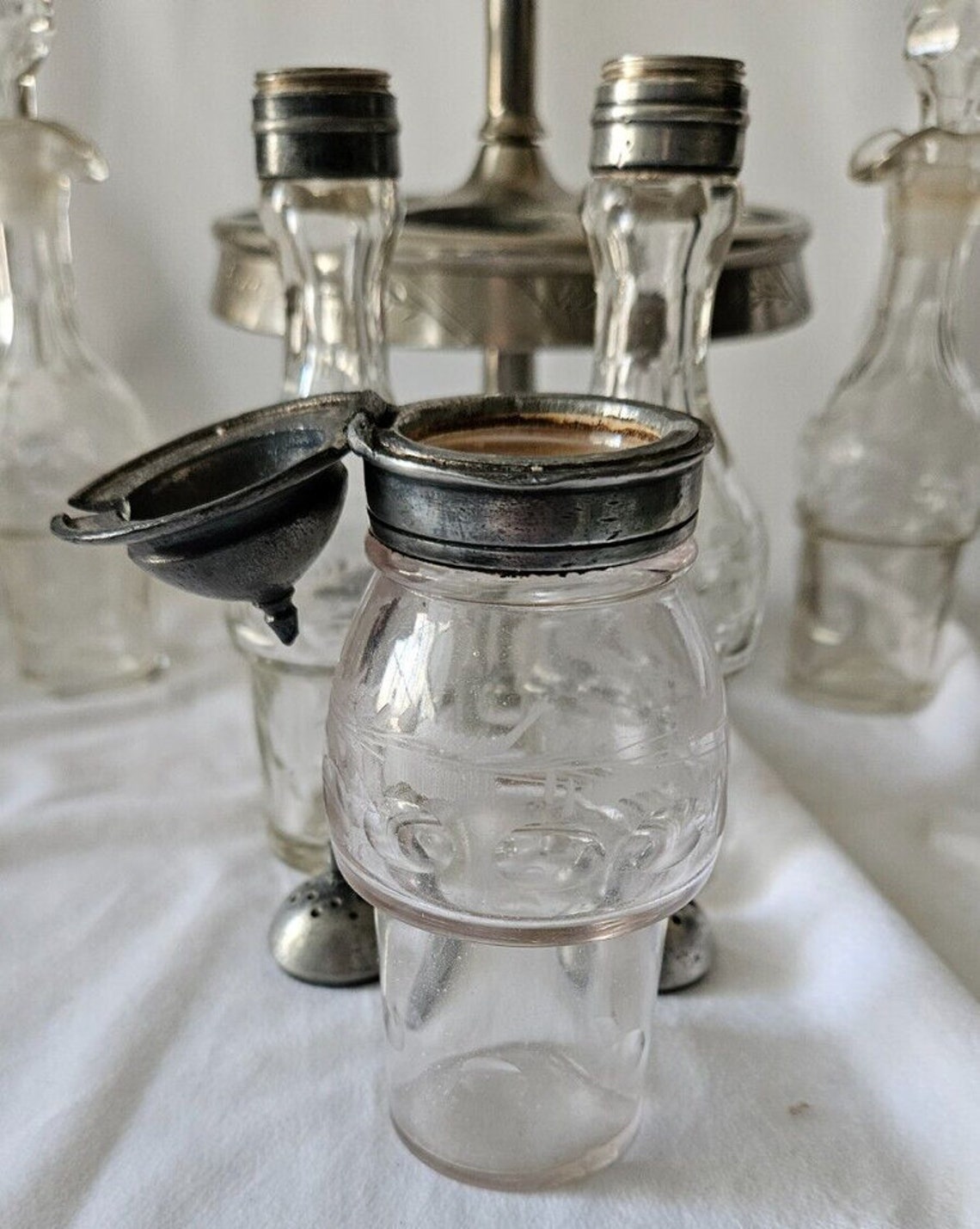 5-piece Cut and Etched Clear Glass Victorian Cruet Set With Pewter Lids ...