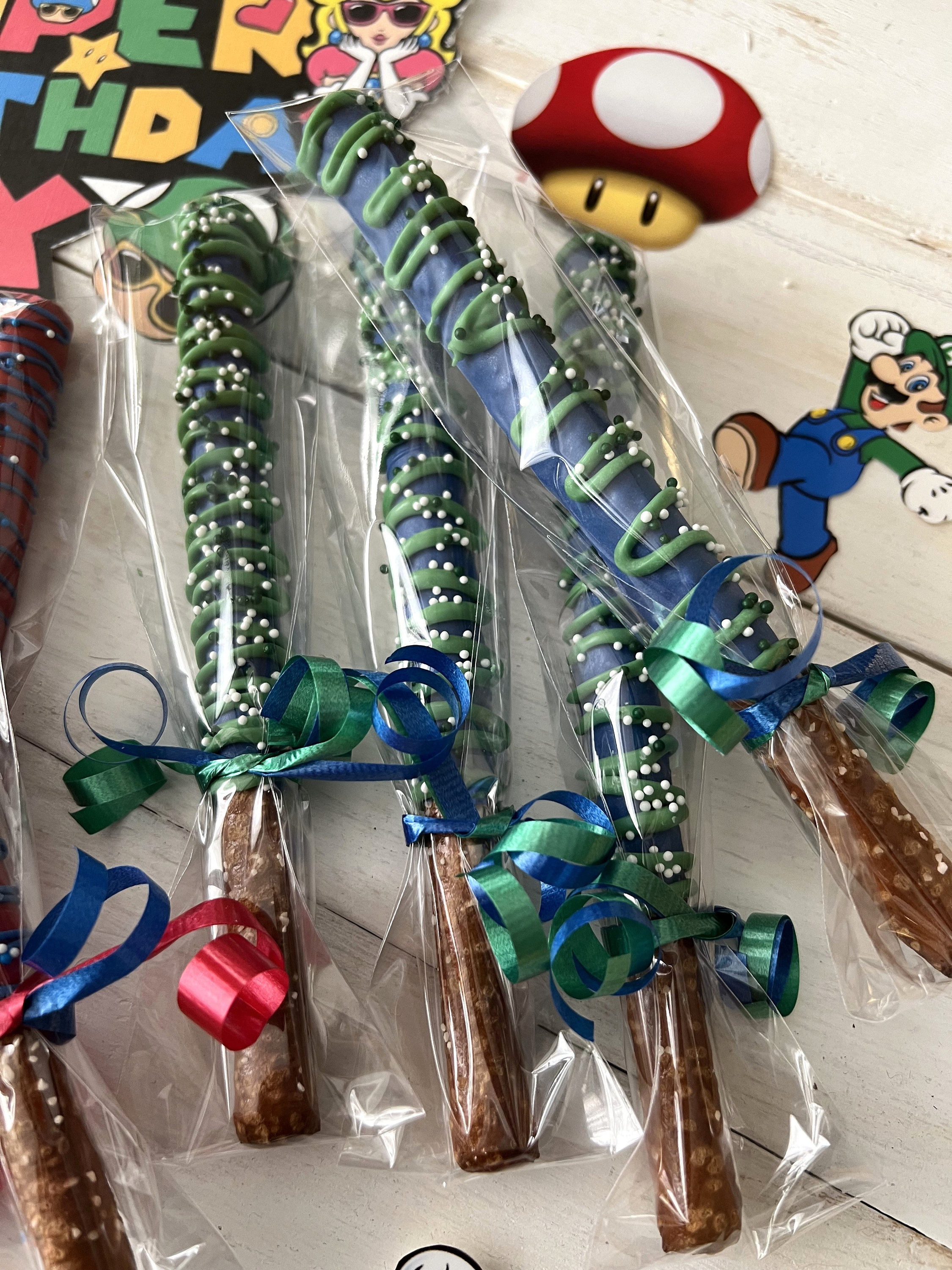 Mario Theme Chocolate Covered Pretzel Rods, Mario Party, Set of 12 - Etsy