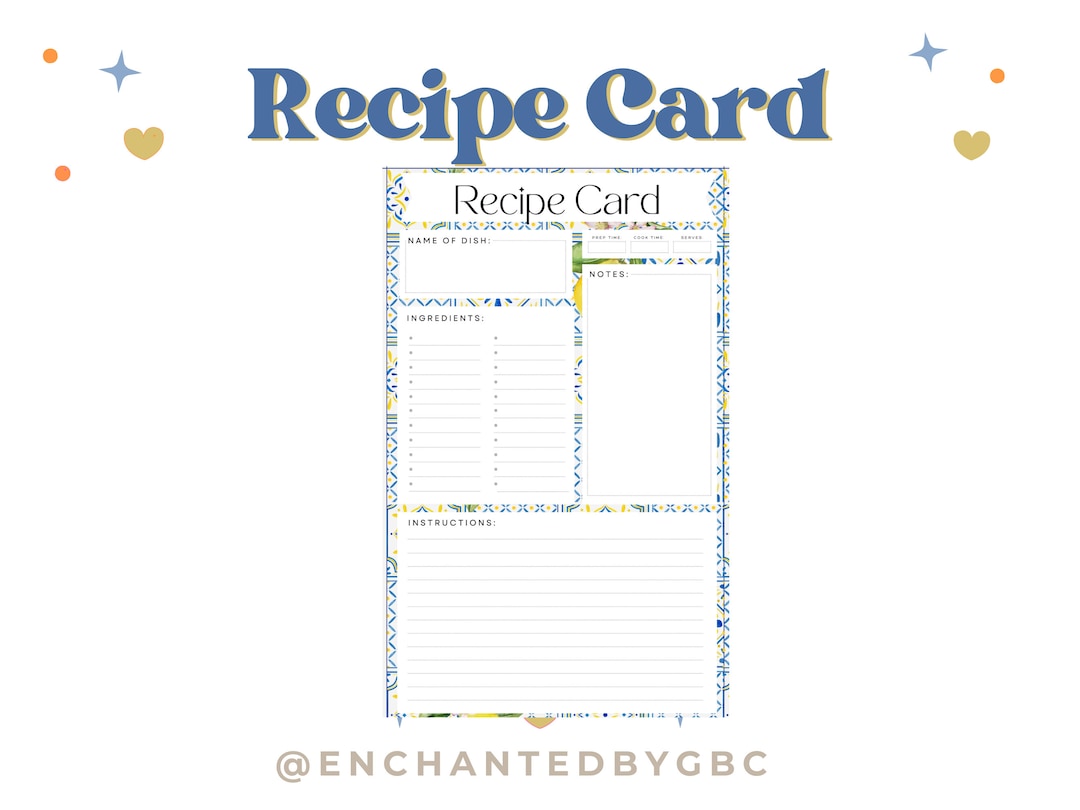 Lemon Recipe Card, Recipe Card Template Downloadable Recipe Card ...