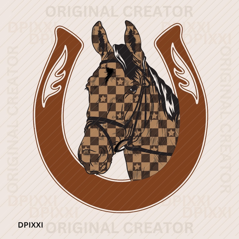 Checker Horse in Horseshoe PNG * Brown Boho Checker Transparent ...
