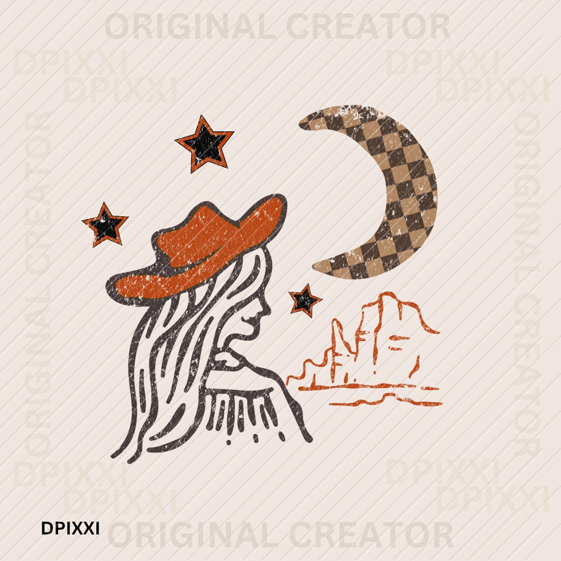Moon Cowgirl PNG * Checker Moon, Country Western Cowgirl, Retro Vintage ...