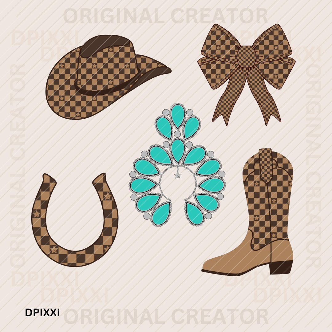 Bundle Western Checker Clipart PNG Boots, Hat, Horseshoe, Bow ...