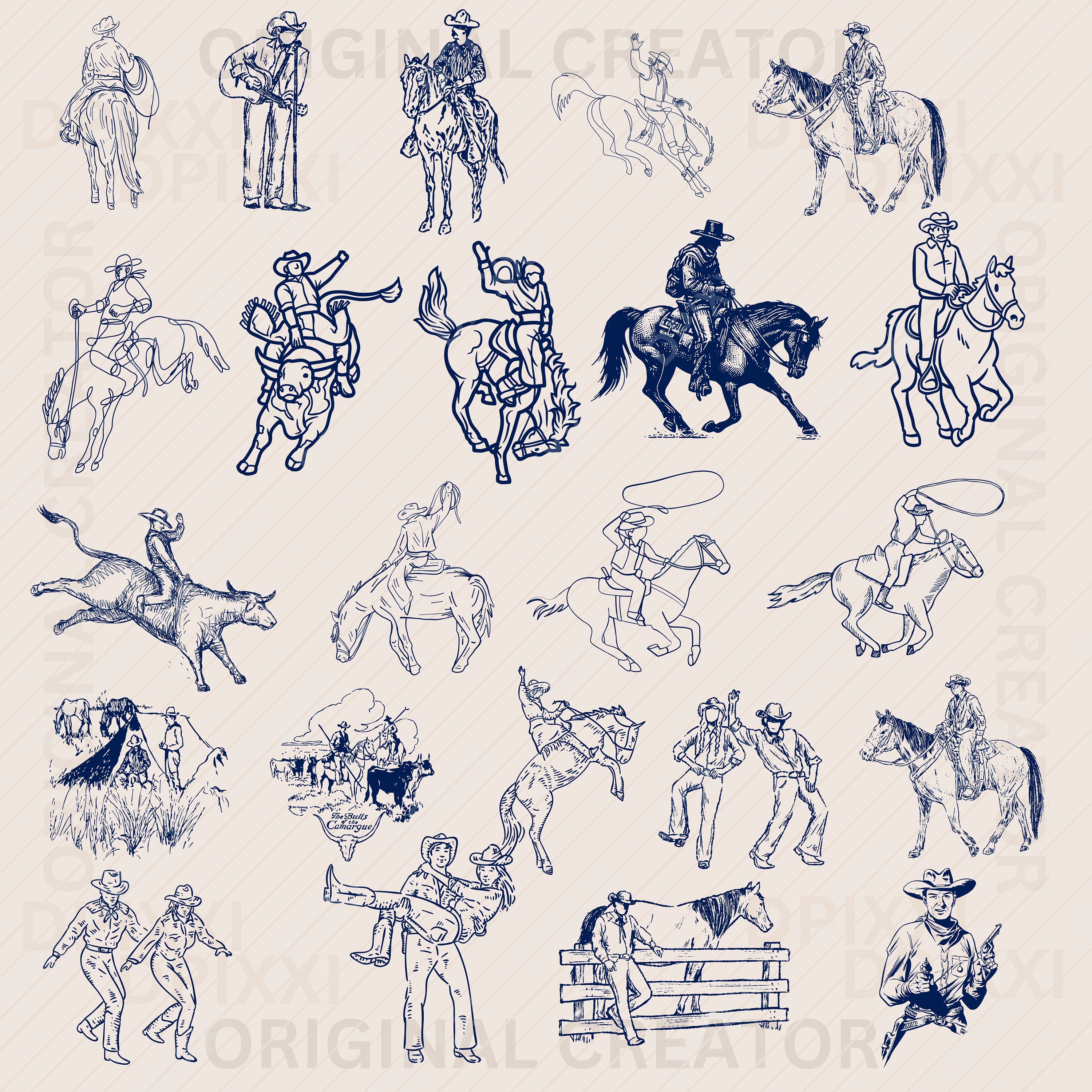 EDITABLE Line Art Cowboy Bundle Png, Svg * Western Cowboy PNG ...