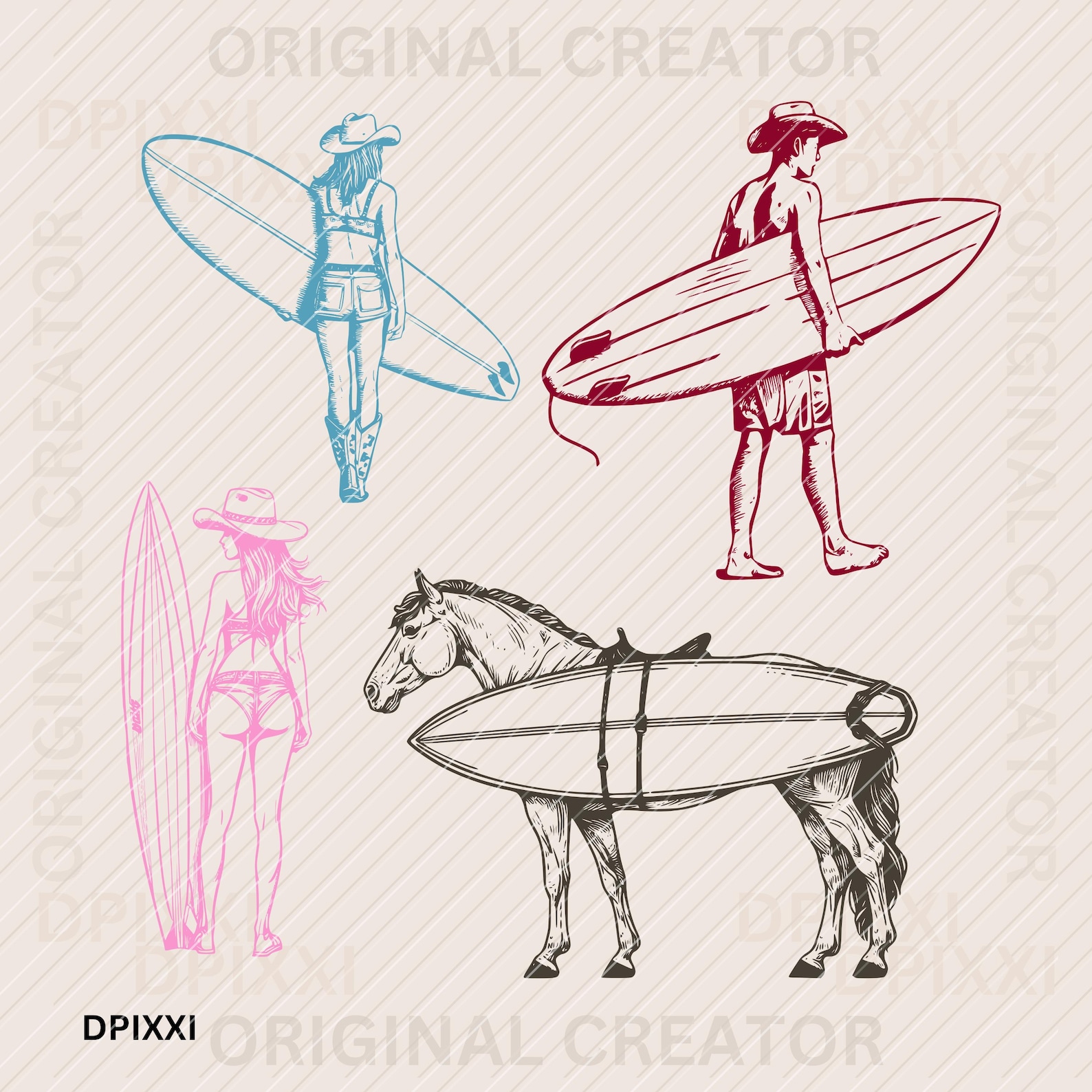 EDITABLE Surf Bundle Png, Svg * Cowboy Surf Horse Surfboard Cowgirl Summer Social Club Retro ...