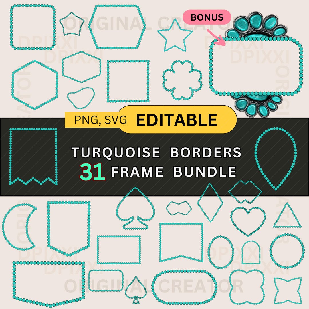 EDITABLE Bundle Turquoise Border Frame Png, Svg * Digital Art Shapes ...