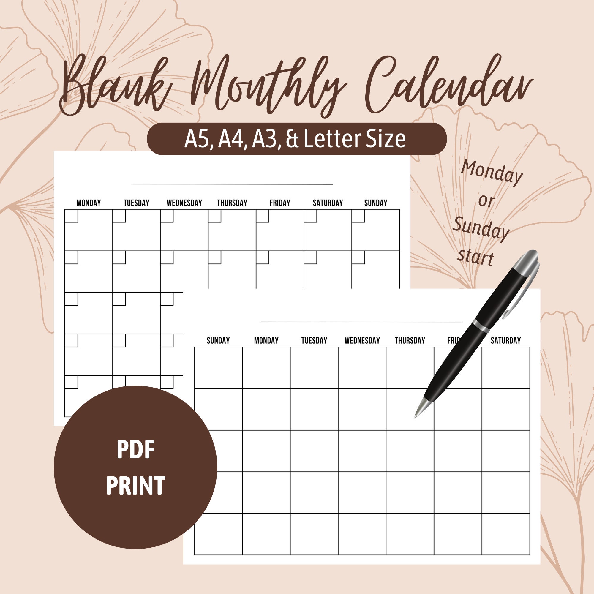 Blank Monthly Calendar Printable, Blank Calendar Page, Calendar ...