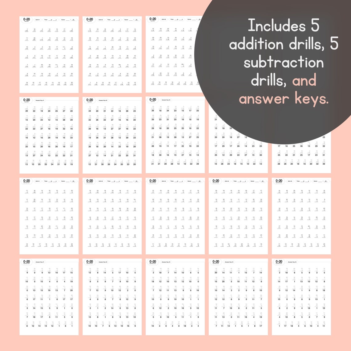 Addition & Subtraction Drills (0-20) – 1st, 2nd, 3rd Grade Add and ...