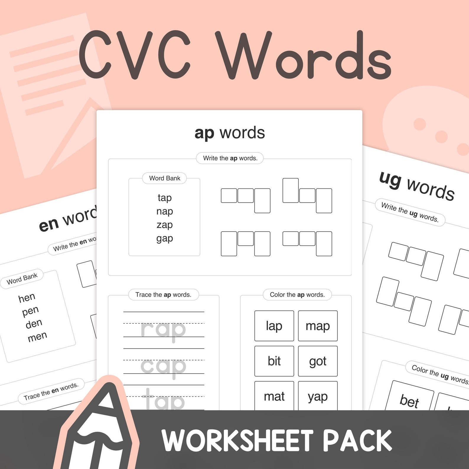 CVC Words – K, 1st Grade Phonics & Sounding Out Words Worksheets – no ...