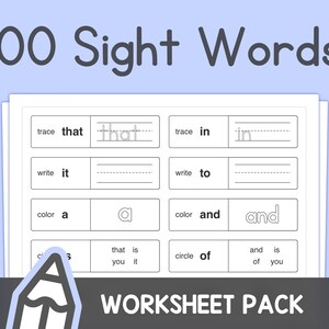 First 100 Sight Words K 1st Grade Vocabulary Worksheets - Etsy