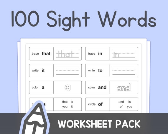 First 100 Sight Words K 1st Grade Vocabulary Worksheets - Etsy
