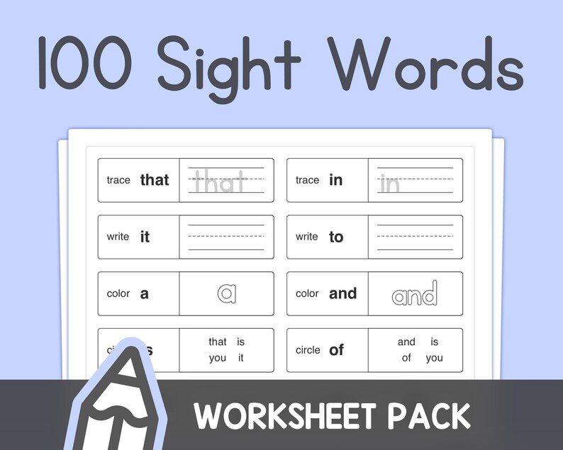 First 100 Sight Words K 1st Grade Vocabulary Worksheets - Etsy