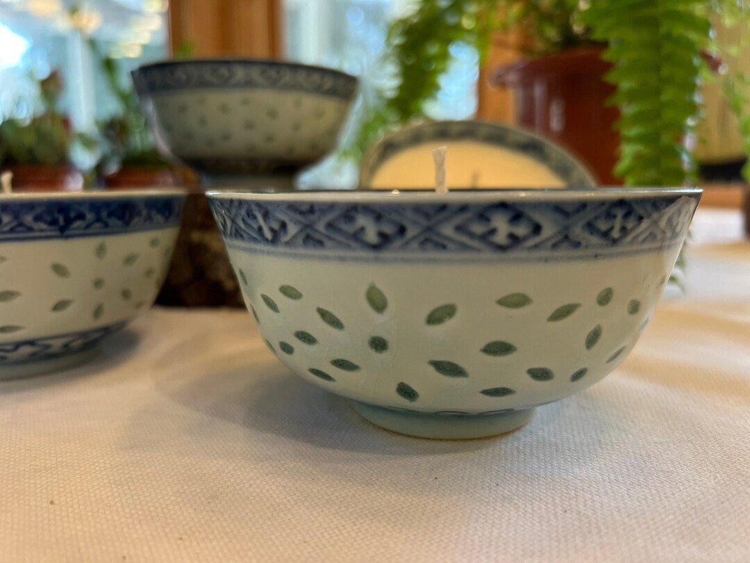 Vintage Chinese Porcelain Rice Pattern Bowls Tea Cups Blue and White ...