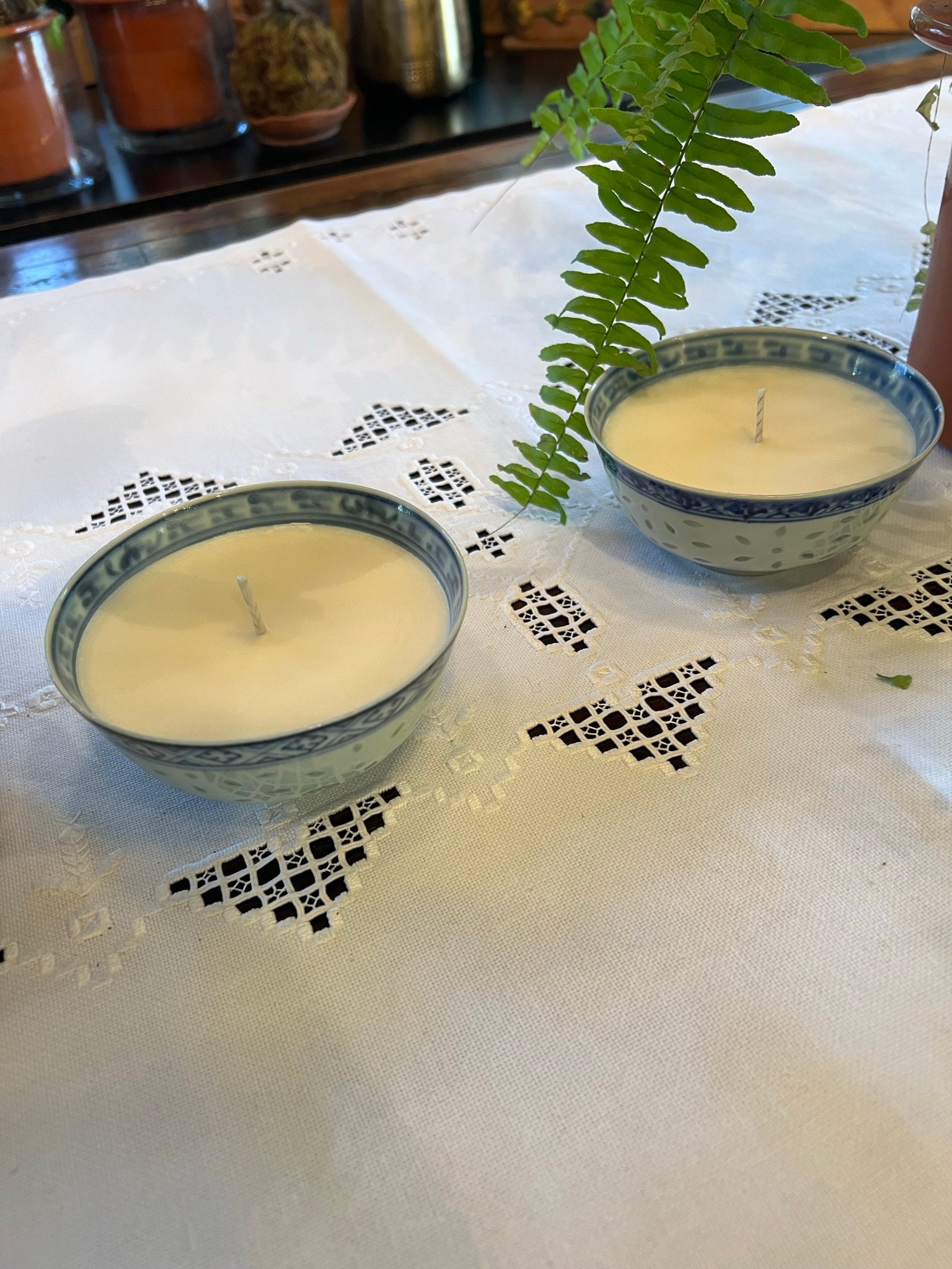 Vintage Chinese Porcelain Rice Pattern Bowls Tea Cups Blue and White ...