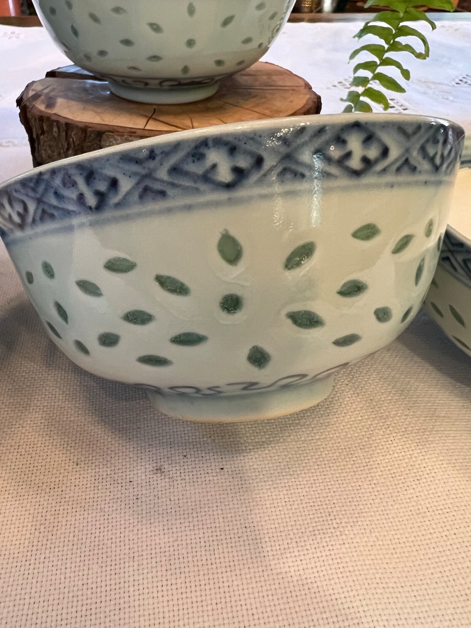 Vintage Chinese Porcelain Rice Pattern Bowls Tea Cups Blue and White ...