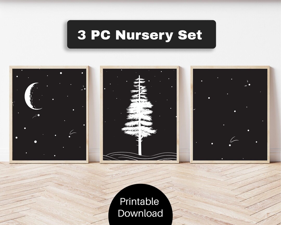 High Contrast 3PC Nursery Set | Night Sky Pine Tree | Black White Decor ...