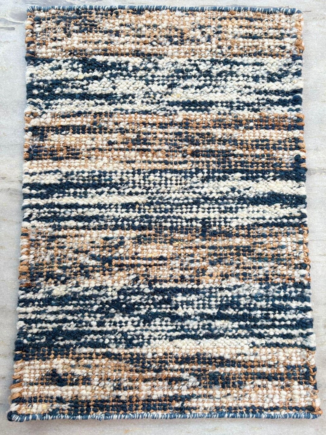 Bohemian Navy Blue Beige Wool Rug - Hand Knotted Multi Color Decor Wool ...