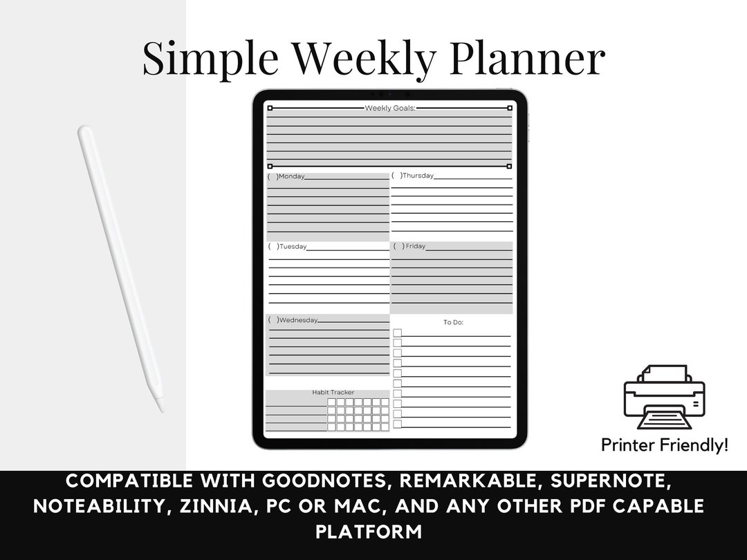 Simple Weekly Planner Digital & Printable Weekly Calendar - Etsy