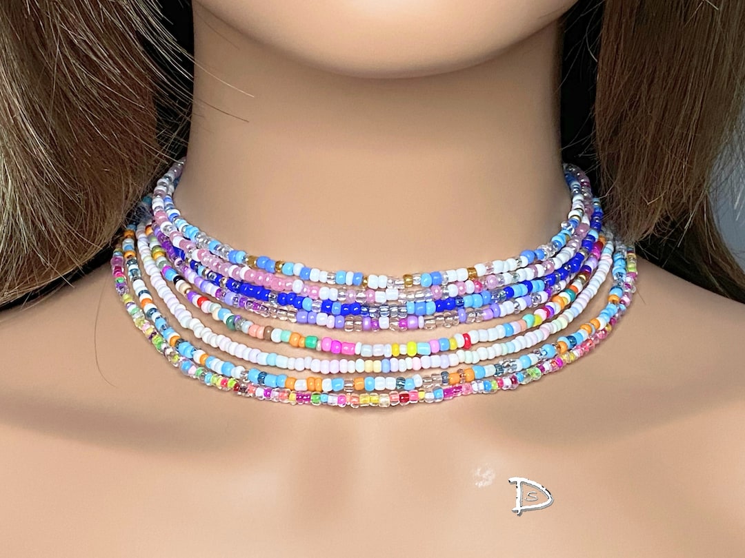 Bohemian Small Bead Necklace, Minimalist Beads Multicolor Colorful Bead ...